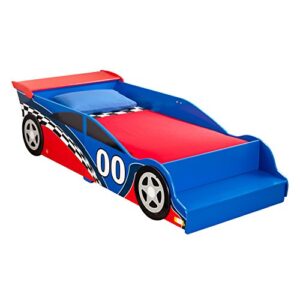 KidKraft Wooden Racecar Toddler Bed with Built-In Bench and Bed Rails - Red and Blue, Gift for Ages 15 mo+