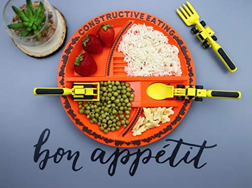 Constructive Eating Made in USA Construction Combo with Utensil Set and Plate for Toddlers, Infants, Babies and Kids - Made with Materials Tested for Safety