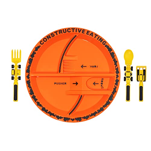 Constructive Eating Made in USA Construction Combo with Utensil Set and Plate for Toddlers, Infants, Babies and Kids - Made with Materials Tested for Safety