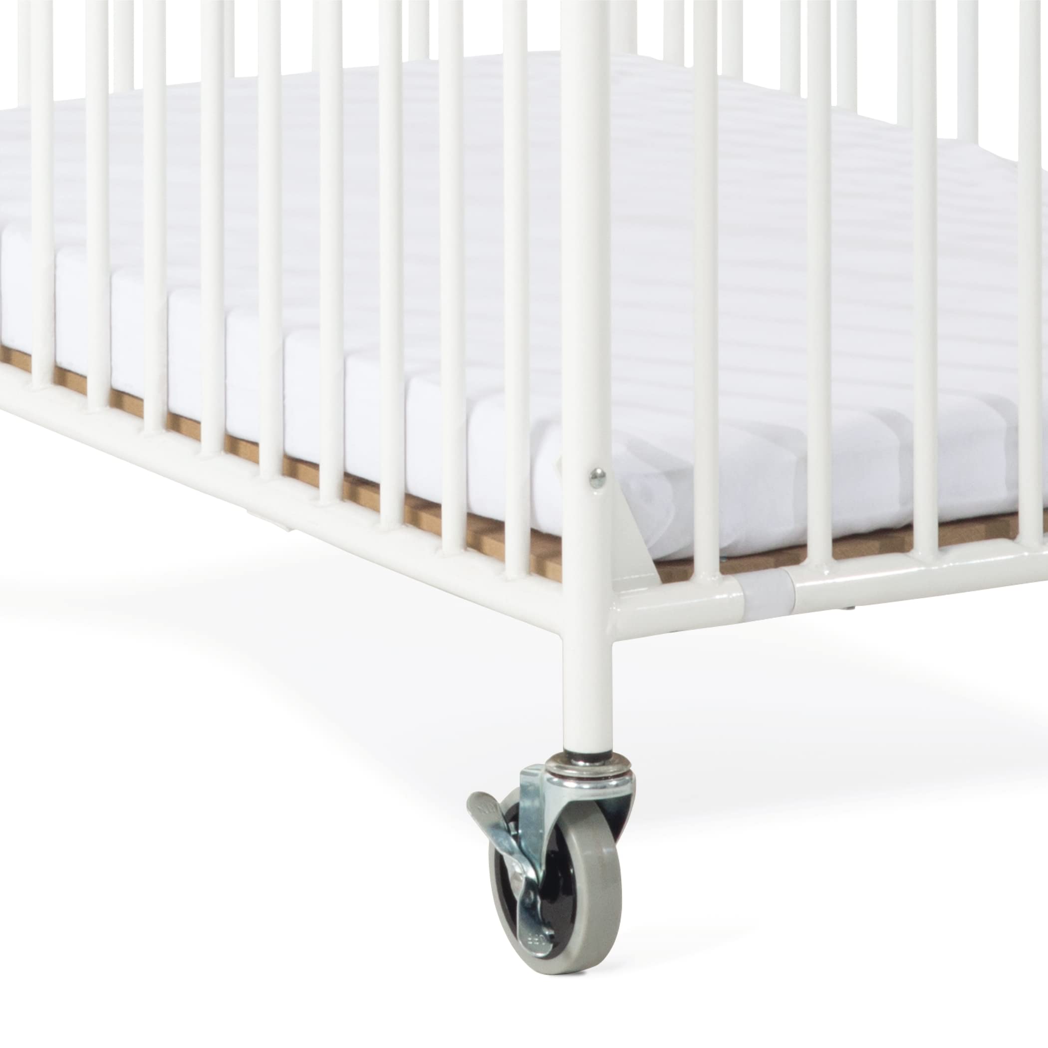 Foundations Stowaway Metal Folding Crib, Portable Baby Crib with Foam Mattress and Commercial Grade 3" Casters, Compact Traveling Crib (White Steel)