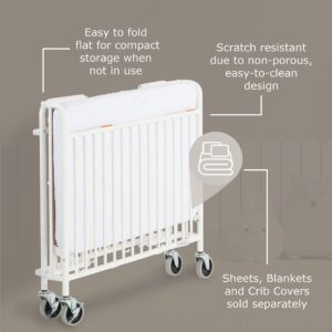 Foundations Stowaway Metal Folding Crib, Portable Baby Crib with Foam Mattress and Commercial Grade 3" Casters, Compact Traveling Crib (White Steel)