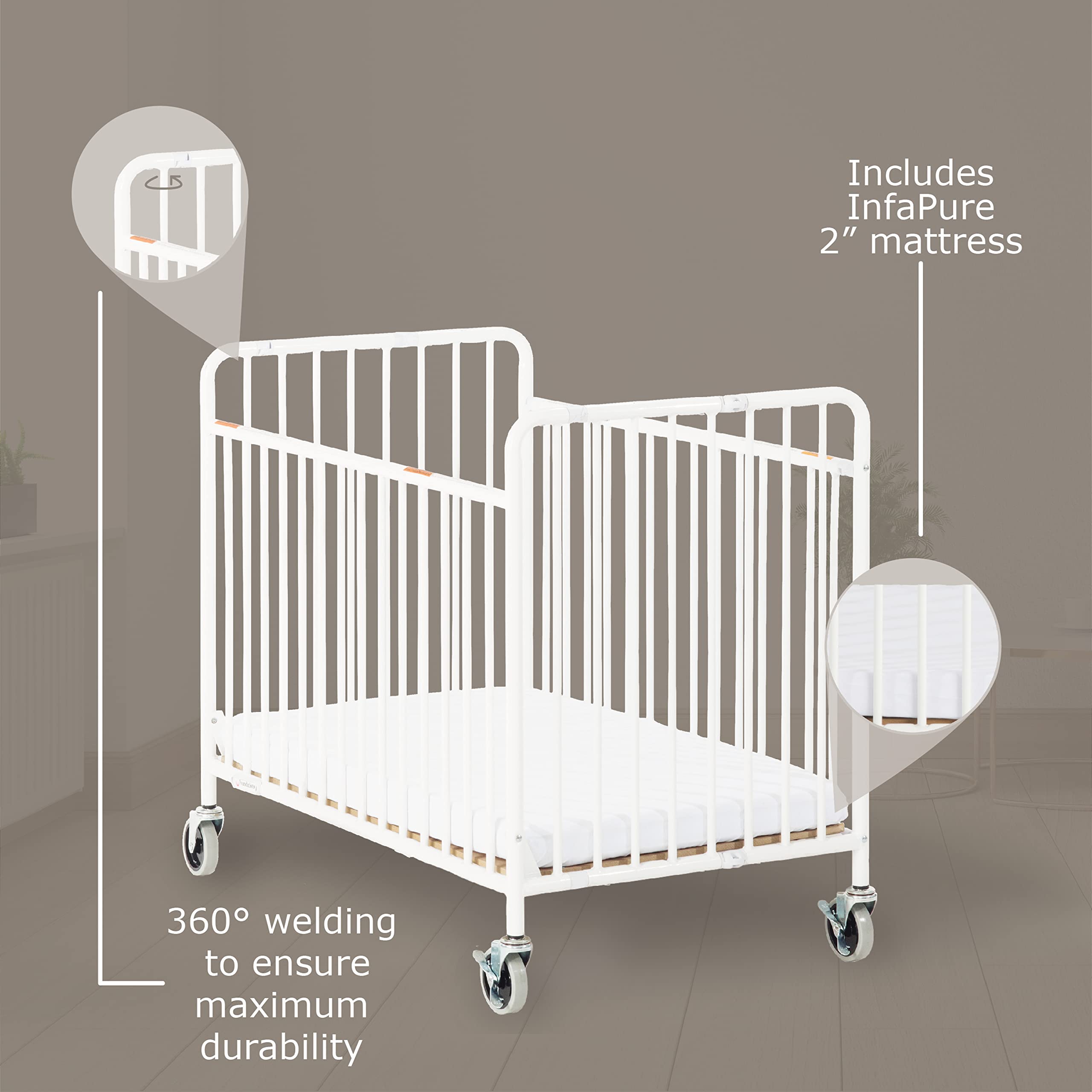 Foundations Stowaway Metal Folding Crib, Portable Baby Crib with Foam Mattress and Commercial Grade 3" Casters, Compact Traveling Crib (White Steel)