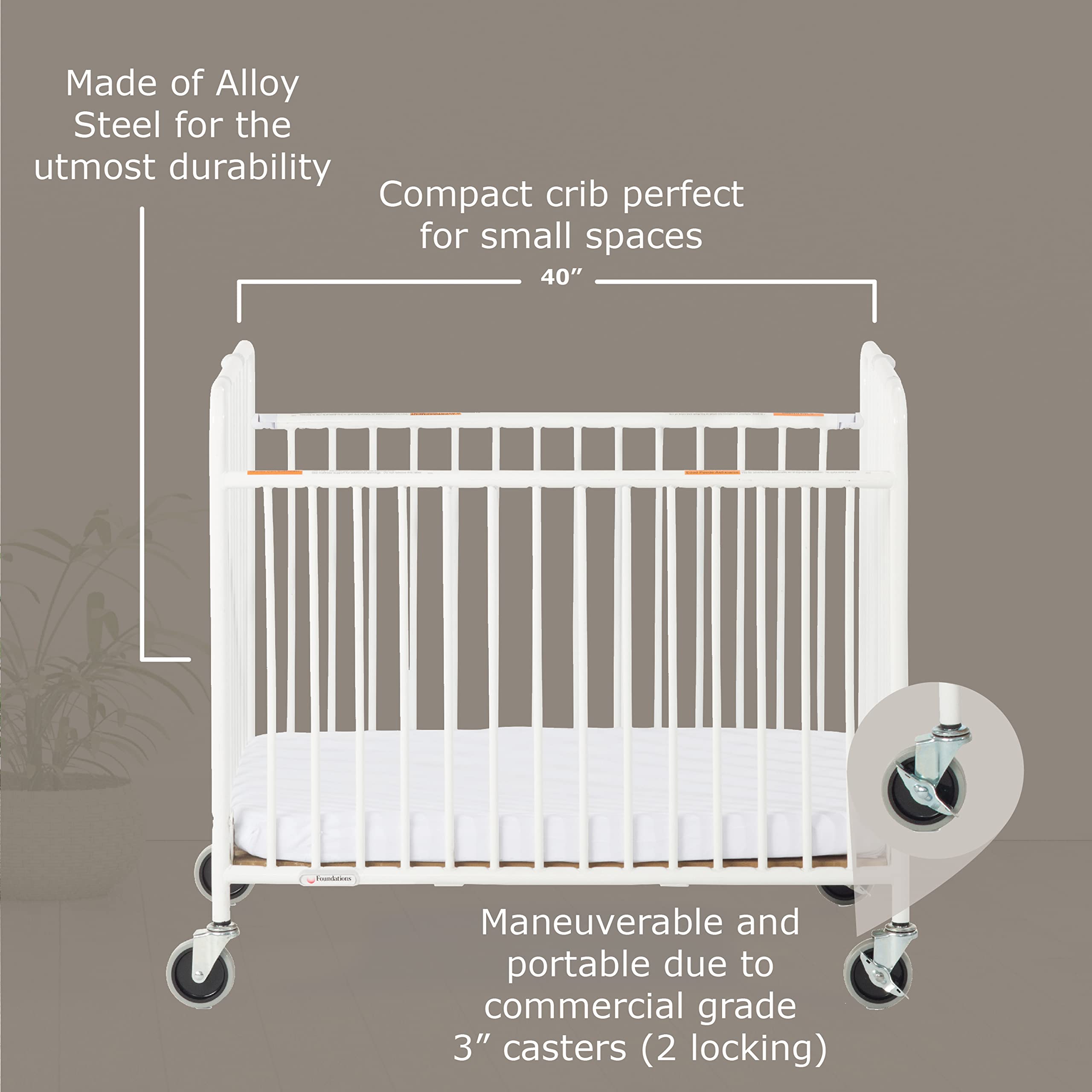 Foundations Stowaway Metal Folding Crib, Portable Baby Crib with Foam Mattress and Commercial Grade 3" Casters, Compact Traveling Crib (White Steel)