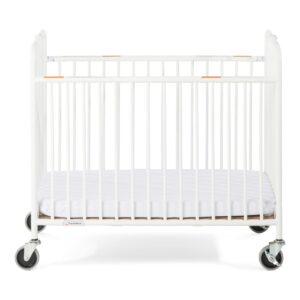 Foundations Stowaway Metal Folding Crib, Portable Baby Crib with Foam Mattress and Commercial Grade 3" Casters, Compact Traveling Crib (White Steel)