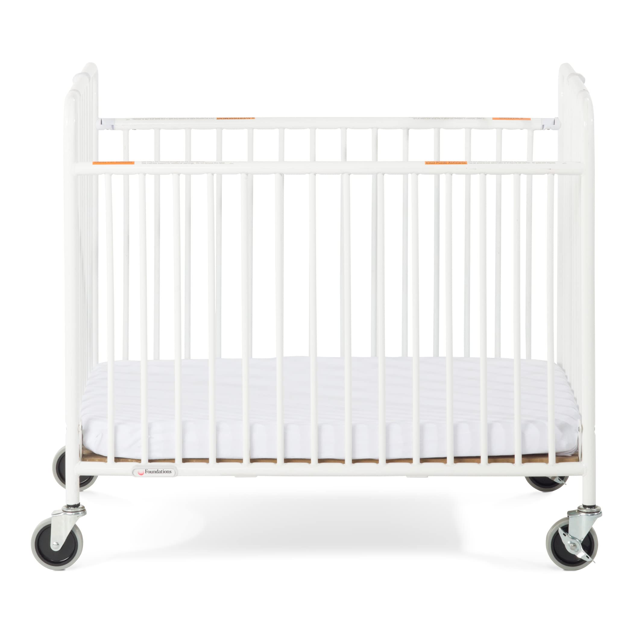 Foundations Stowaway Metal Folding Crib, Portable Baby Crib with Foam Mattress and Commercial Grade 3" Casters, Compact Traveling Crib (White Steel)