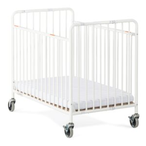 Foundations Stowaway Metal Folding Crib, Portable Baby Crib with Foam Mattress and Commercial Grade 3" Casters, Compact Traveling Crib (White Steel)