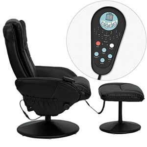 Flash Furniture Poppy Massaging Multi-Position Plush Recliner with Side Pocket and Ottoman in Black LeatherSoft