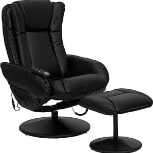 Flash Furniture Poppy Massaging Multi-Position Plush Recliner with Side Pocket and Ottoman in Black LeatherSoft