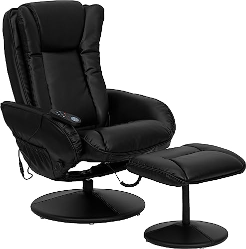 Flash Furniture Poppy Massaging Multi-Position Plush Recliner with Side Pocket and Ottoman in Black LeatherSoft