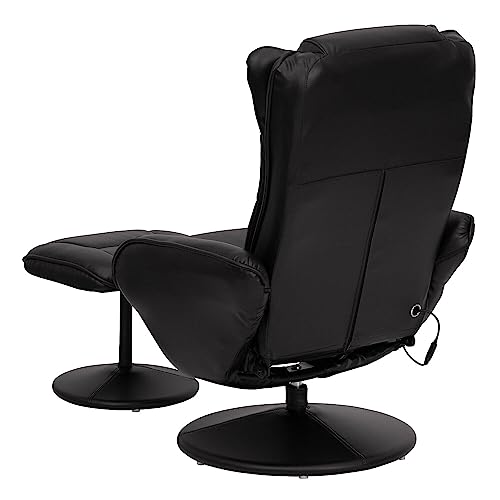 Flash Furniture Poppy Massaging Multi-Position Plush Recliner with Side Pocket and Ottoman in Black LeatherSoft