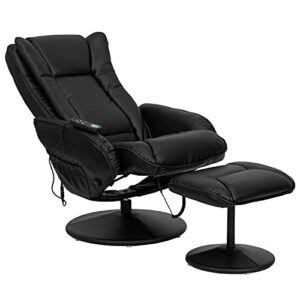 Flash Furniture Poppy Massaging Multi-Position Plush Recliner with Side Pocket and Ottoman in Black LeatherSoft