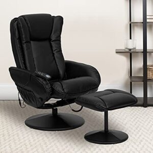 Flash Furniture Poppy Massaging Multi-Position Plush Recliner with Side Pocket and Ottoman in Black LeatherSoft