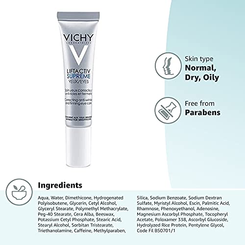 Vichy LiftActiv Supreme Anti Wrinkle Eye Cream, Firming Eye Cream with Caffeine for Dark Circles & Puffiness, Ophthalmologist Tested, 0.51 Fl Oz (Pack of 1)