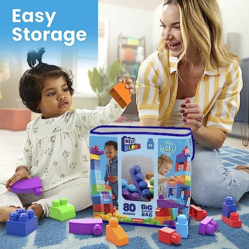 MEGA BLOKS Fisher-Price Toddler Block Toys, Big Building Bag with 80 Pieces and Storage Bag, Blue, Gift Ideas for Kids Age 1+ Years