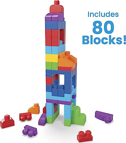 MEGA BLOKS Fisher-Price Toddler Block Toys, Big Building Bag with 80 Pieces and Storage Bag, Blue, Gift Ideas for Kids Age 1+ Years