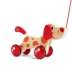 walk-a-long puppy wooden pull toy by hape | award winning push pull toy puppy for toddlers can sit, stand and roll. rubber rimmed wheels for easy push and pull action, red , red/orange