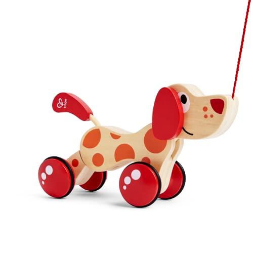 Walk-A-Long Puppy Wooden Pull Toy by Hape | Award Winning Push Pull Toy Puppy For Toddlers Can Sit, Stand and Roll. Rubber Rimmed Wheels for Easy Push and Pull Action, Red , Red/Orange