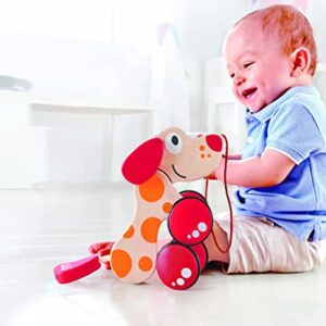 Walk-A-Long Puppy Wooden Pull Toy by Hape | Award Winning Push Pull Toy Puppy For Toddlers Can Sit, Stand and Roll. Rubber Rimmed Wheels for Easy Push and Pull Action, Red , Red/Orange