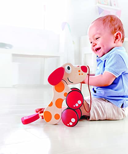 Walk-A-Long Puppy Wooden Pull Toy by Hape | Award Winning Push Pull Toy Puppy For Toddlers Can Sit, Stand and Roll. Rubber Rimmed Wheels for Easy Push and Pull Action, Red , Red/Orange