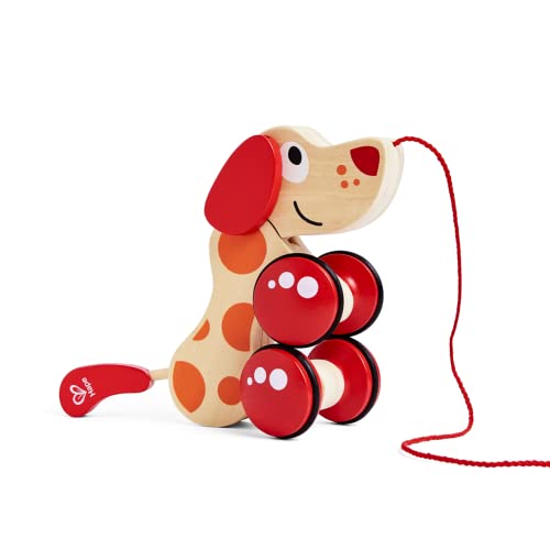 Walk-A-Long Puppy Wooden Pull Toy by Hape | Award Winning Push Pull Toy Puppy For Toddlers Can Sit, Stand and Roll. Rubber Rimmed Wheels for Easy Push and Pull Action, Red , Red/Orange