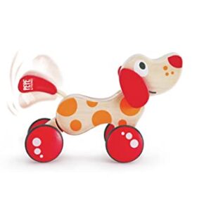 Walk-A-Long Puppy Wooden Pull Toy by Hape | Award Winning Push Pull Toy Puppy For Toddlers Can Sit, Stand and Roll. Rubber Rimmed Wheels for Easy Push and Pull Action, Red , Red/Orange