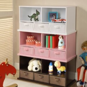 Stackable 5 Shelf Storage Organizing Cubby with 3 Fabric Baskets