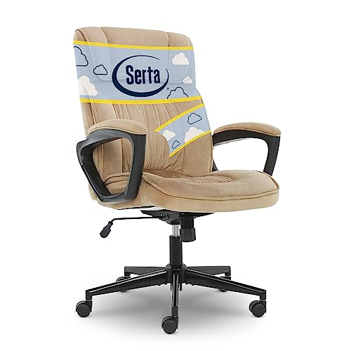 Serta Hannah Executive Microfiber Office Chair with Headrest Pillow, Adjustable Ergonomic with Lumbar Support, Soft Fabric, Plush Beige