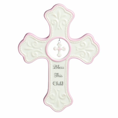 DEMDACO Bless This Child Soft Pink 7 x 5 Porcelain Ceramic Hanging Wall Cross