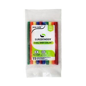 surebonder cs-15vc super low temperature cool shot assorted color mini glue stick, 4-inch x .27-inch, 15 sticks