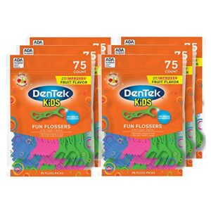 dentek kids fun flossers, removes food & plaque, wild fruit flavored floss picks, 75 count, 6 pack