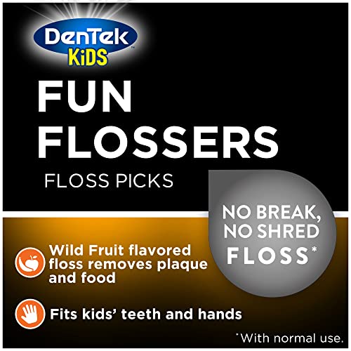 DenTek Kids Fun Flossers, Removes Food & Plaque, Wild Fruit Flavored Floss Picks, 75 Count, 6 Pack