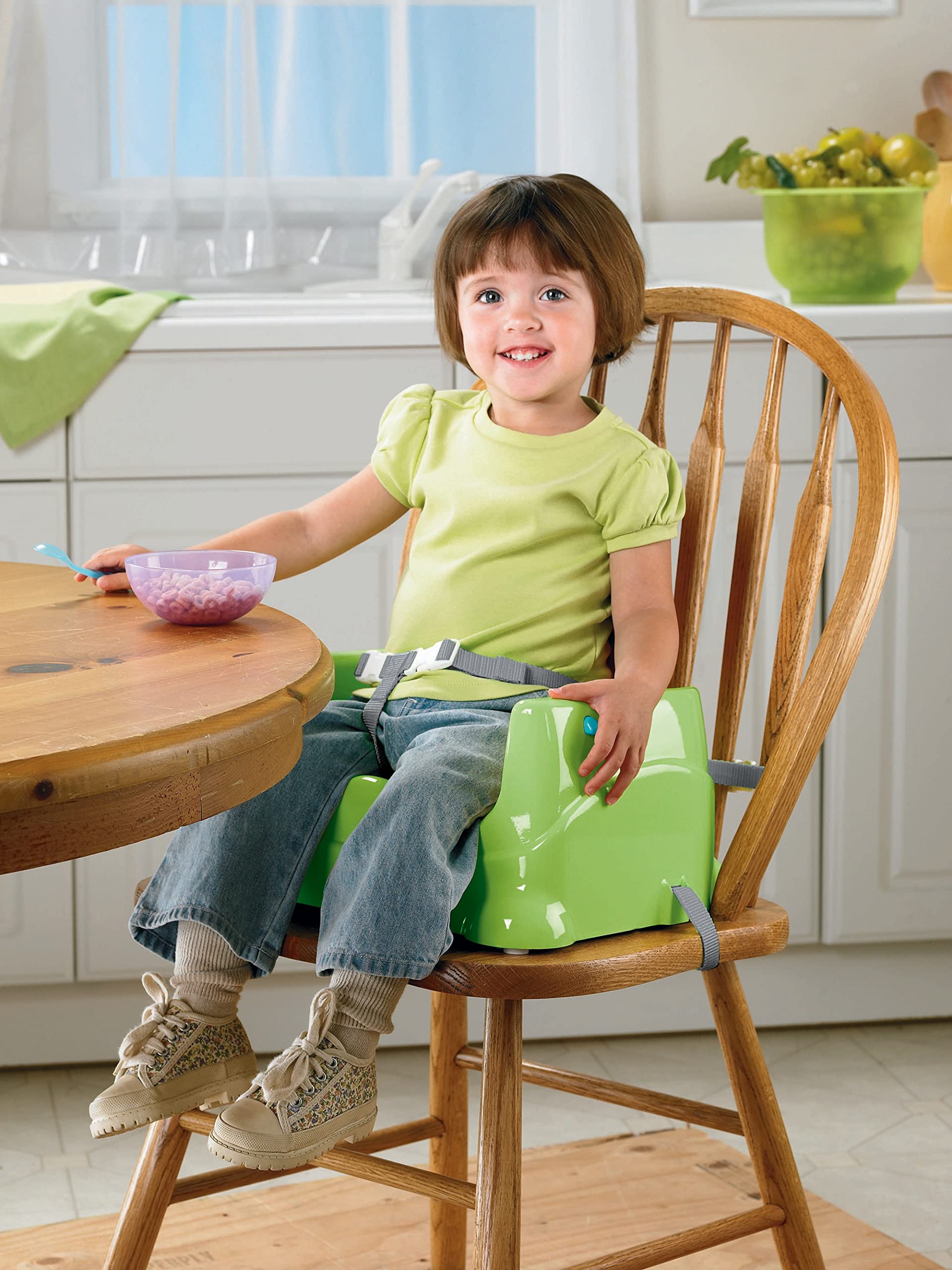 Fisher-Price Portable Toddler Booster Seat, Healthy Care, Travel Dining Chair with Dishwasher Safe Tray, Green