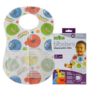 bibsters sesame street large disposable bibs with patented crumb-catcher, leakproof liner, and reusable fastener -age 6 months and up 32 count (pack of 1)