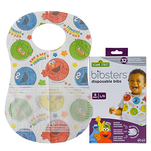 Bibsters Sesame Street Large Disposable Bibs with Patented Crumb-Catcher, Leakproof Liner, and Reusable Fastener -Age 6 Months and Up 32 count (Pack of 1)