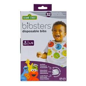 Bibsters Sesame Street Large Disposable Bibs with Patented Crumb-Catcher, Leakproof Liner, and Reusable Fastener -Age 6 Months and Up 32 count (Pack of 1)