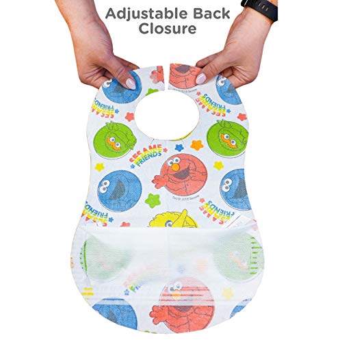 Bibsters Sesame Street Large Disposable Bibs with Patented Crumb-Catcher, Leakproof Liner, and Reusable Fastener -Age 6 Months and Up 32 count (Pack of 1)