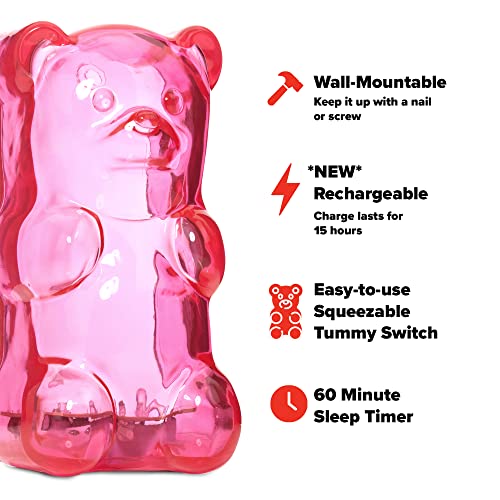 Gummygoods Squeezable Gummy Bear Night Light for Kids Room, Babies, Toddlers, Nursery | Rechargeable, Portable, Cordless, 60 Min Sleep Timer (Pink)