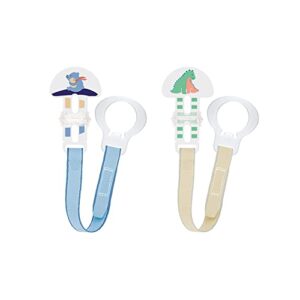 mam 2 clips for pacifiers with fasteners and flexible rings for boys, designs may vary