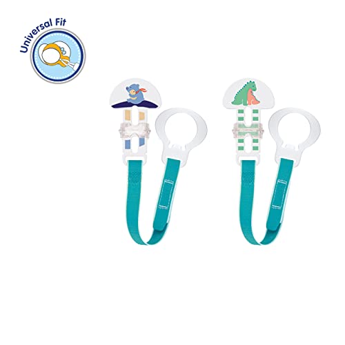 MAM 2 Clips for Pacifiers With Fasteners and Flexible Rings for Boys, Designs May Vary