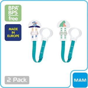 MAM 2 Clips for Pacifiers With Fasteners and Flexible Rings for Boys, Designs May Vary