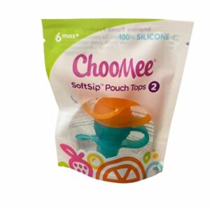 ChooMee SoftSip Food Pouch Top | Baby Led Weaning | No Spill Flow Control Valve, Protects Childs Mouth, 100% Silicone, BPA Free | 2CT Orange Aqua