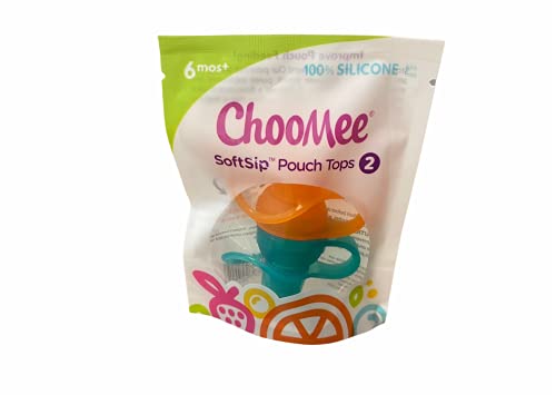 ChooMee SoftSip Food Pouch Top | Baby Led Weaning | No Spill Flow Control Valve, Protects Childs Mouth, 100% Silicone, BPA Free | 2CT Orange Aqua