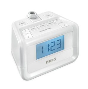 homedics sound machine and alarm clock with time projection. white noise sound machine with a digital fm alarm clock radio, 8 sounds, snooze, sleep timer and night light