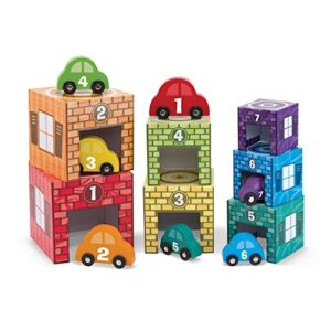 melissa & doug nesting and sorting garages and cars with 7 graduated garages and 7 stackable wooden cars - numbers learning toys, car garage toy, sorting and stacking toys for toddlers ages 2+