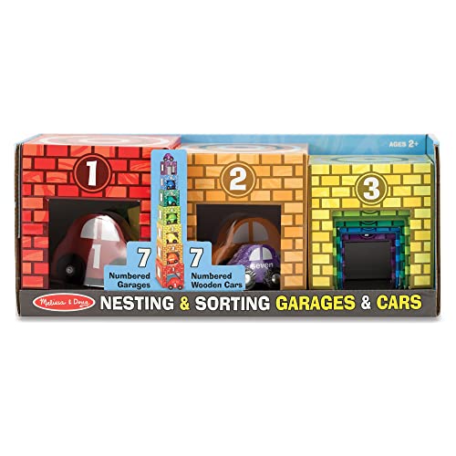 Melissa & Doug Nesting and Sorting Garages and Cars With 7 Graduated Garages and 7 Stackable Wooden Cars - Numbers Learning Toys, Car Garage Toy, Sorting And Stacking Toys For Toddlers Ages 2+