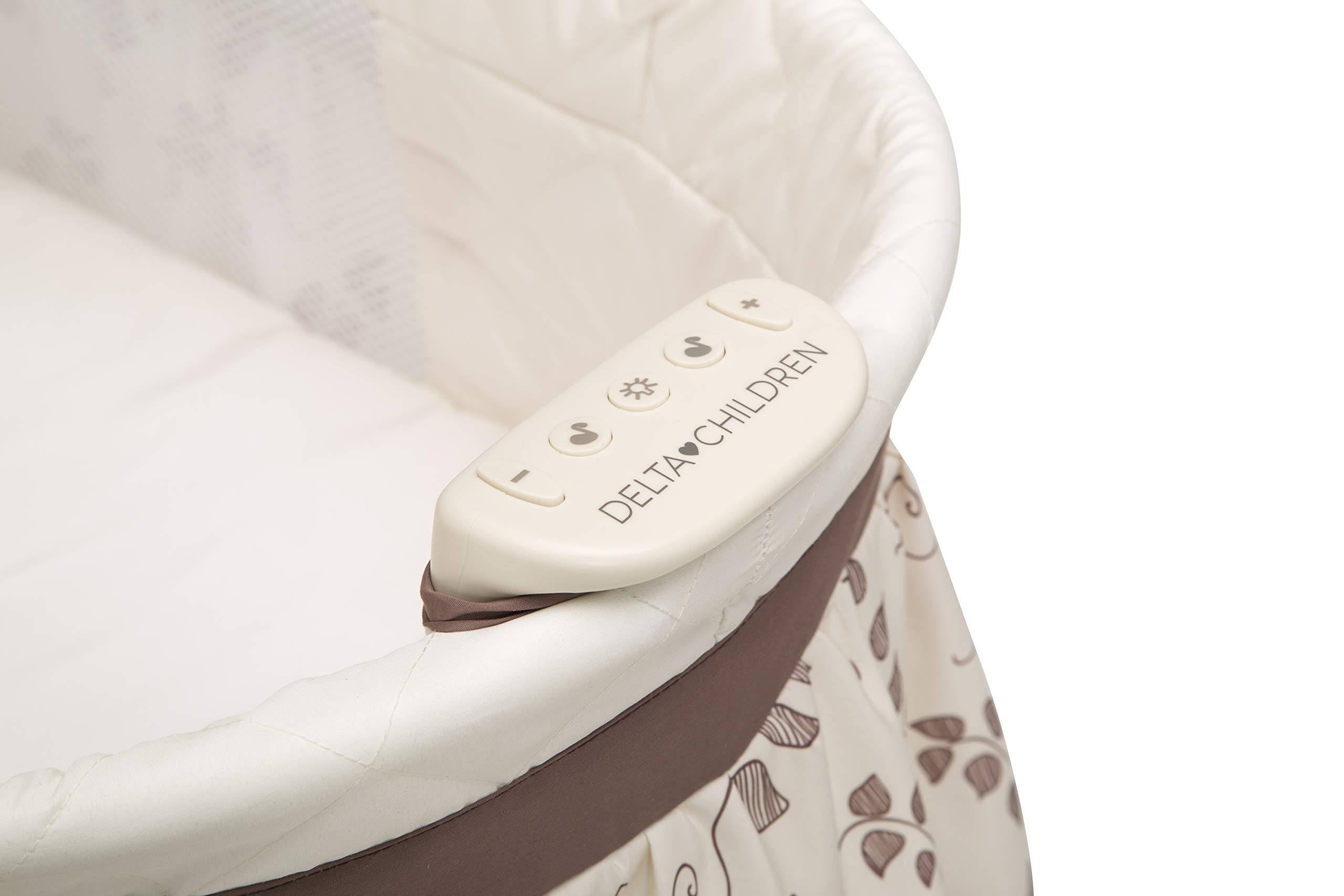 Delta Children Deluxe Sweet Beginnings Bedside Bassinet - Portable Crib with Lights and Sounds, Falling Leaves