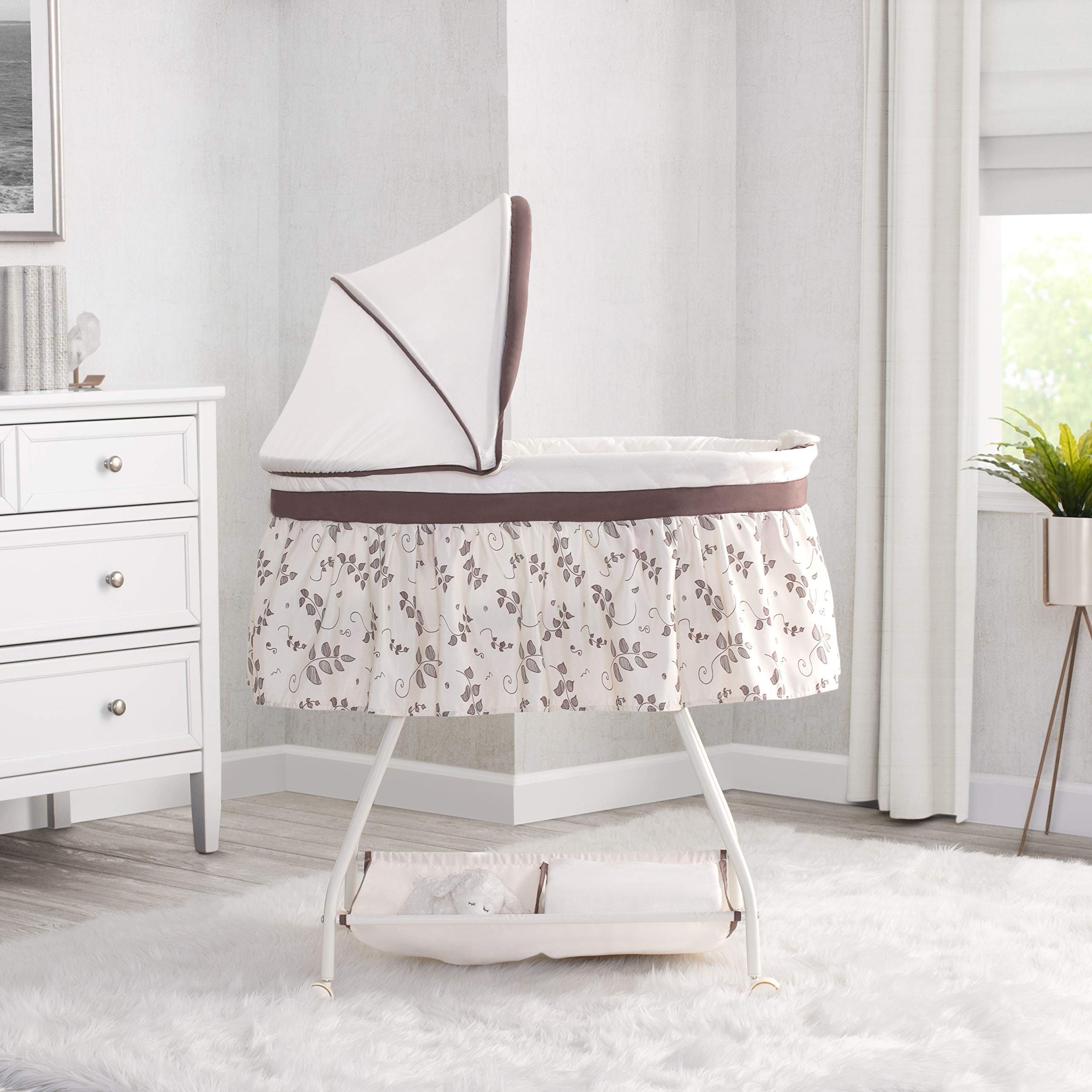 Delta Children Deluxe Sweet Beginnings Bedside Bassinet - Portable Crib with Lights and Sounds, Falling Leaves