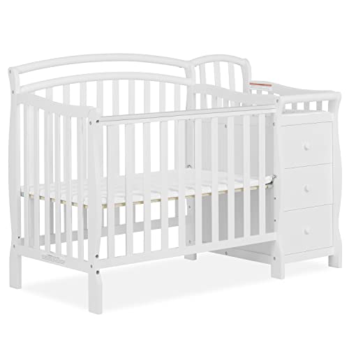 Dream On Me Casco 3-In-1 Mini Crib And Changing Table In White, Convertible Crib, Made Of Pinewood, Three Position Adjustable Mattress Height Settings