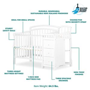 Dream On Me Casco 3-In-1 Mini Crib And Changing Table In White, Convertible Crib, Made Of Pinewood, Three Position Adjustable Mattress Height Settings