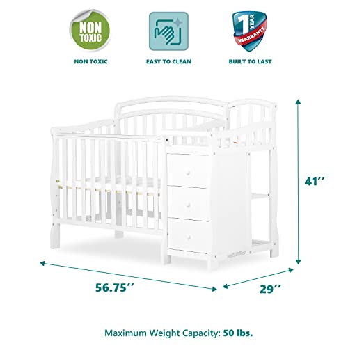 Dream On Me Casco 3-In-1 Mini Crib And Changing Table In White, Convertible Crib, Made Of Pinewood, Three Position Adjustable Mattress Height Settings